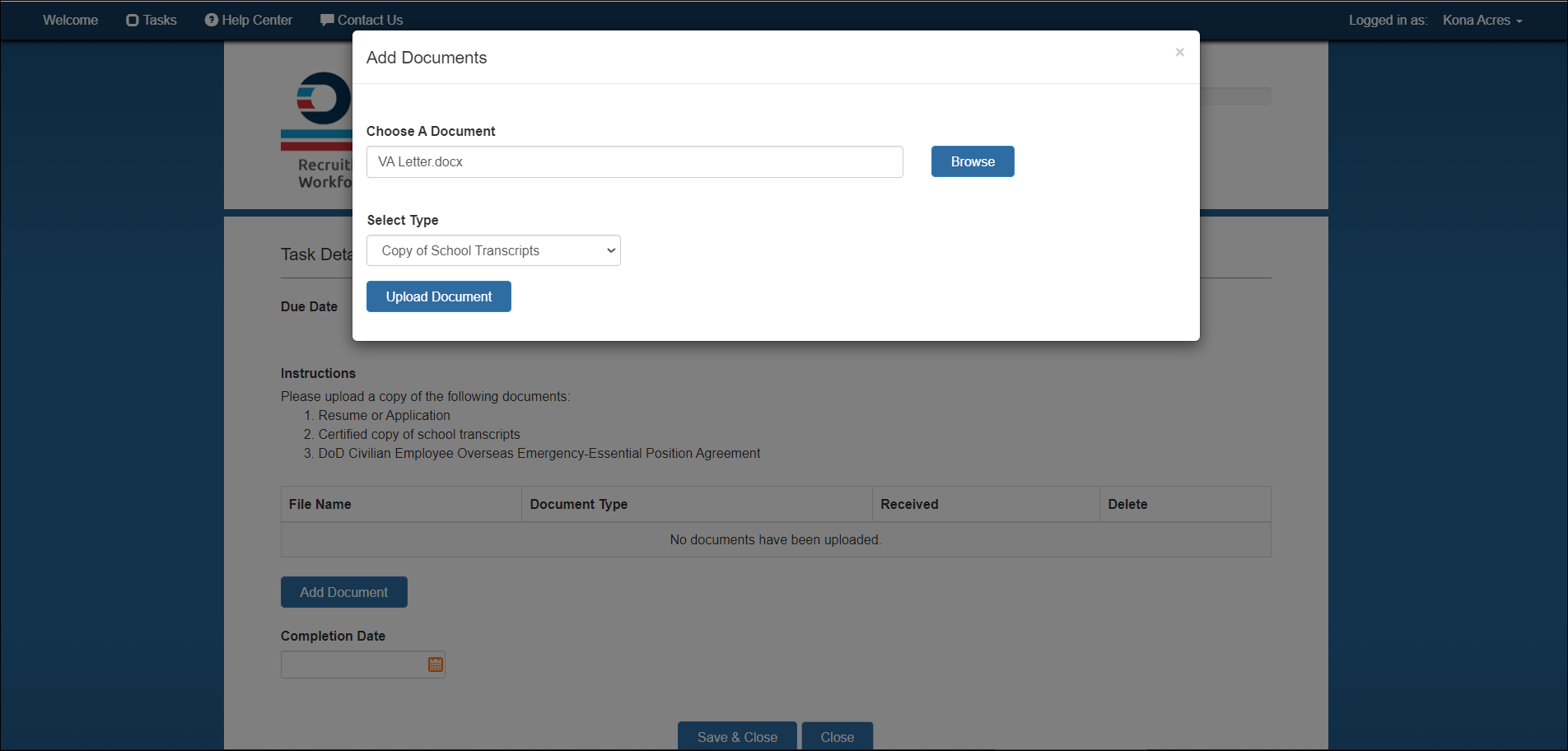 Uploading a document – New Hire
