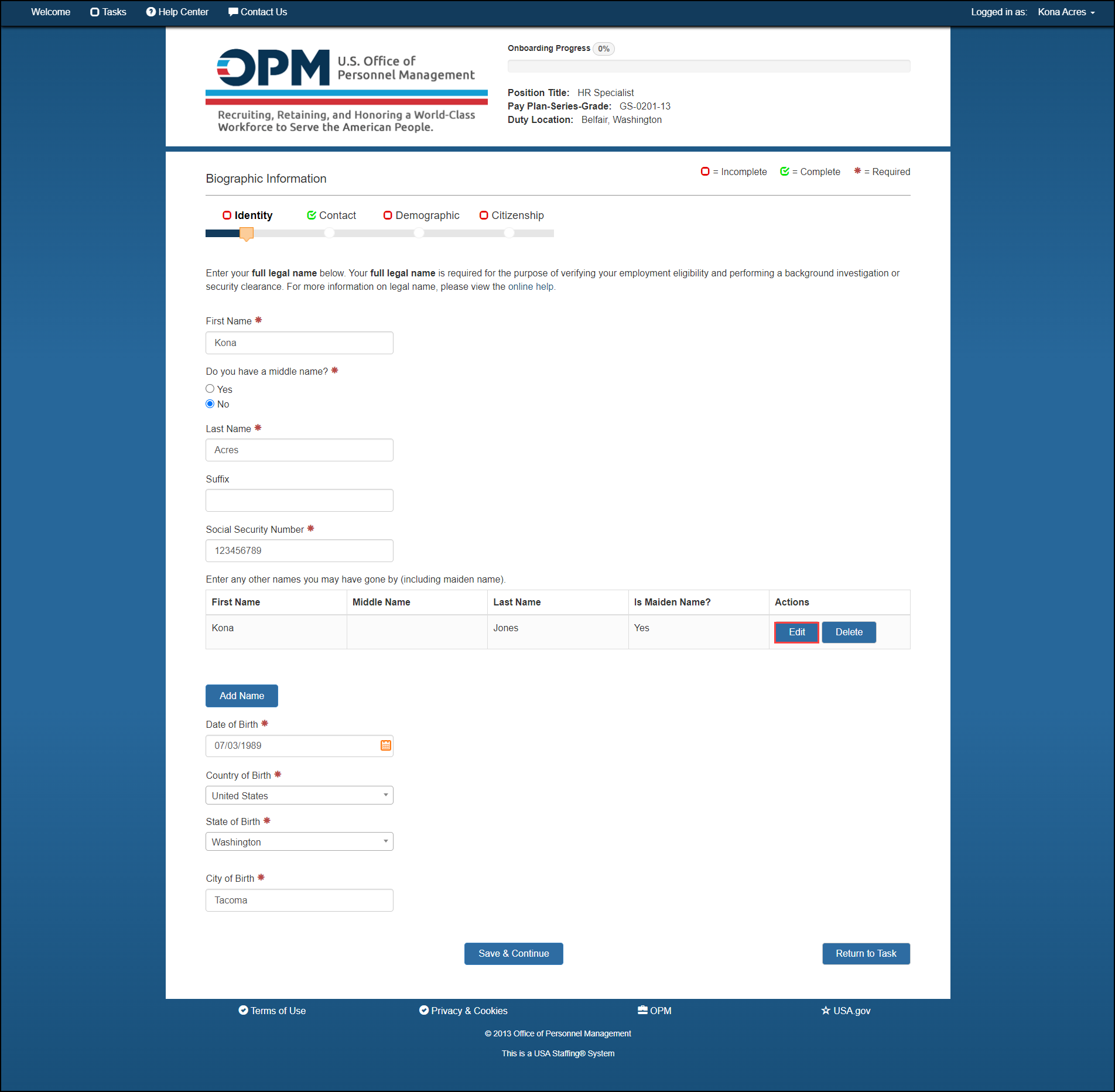 Editing an "other name" on the identity page – New Hire